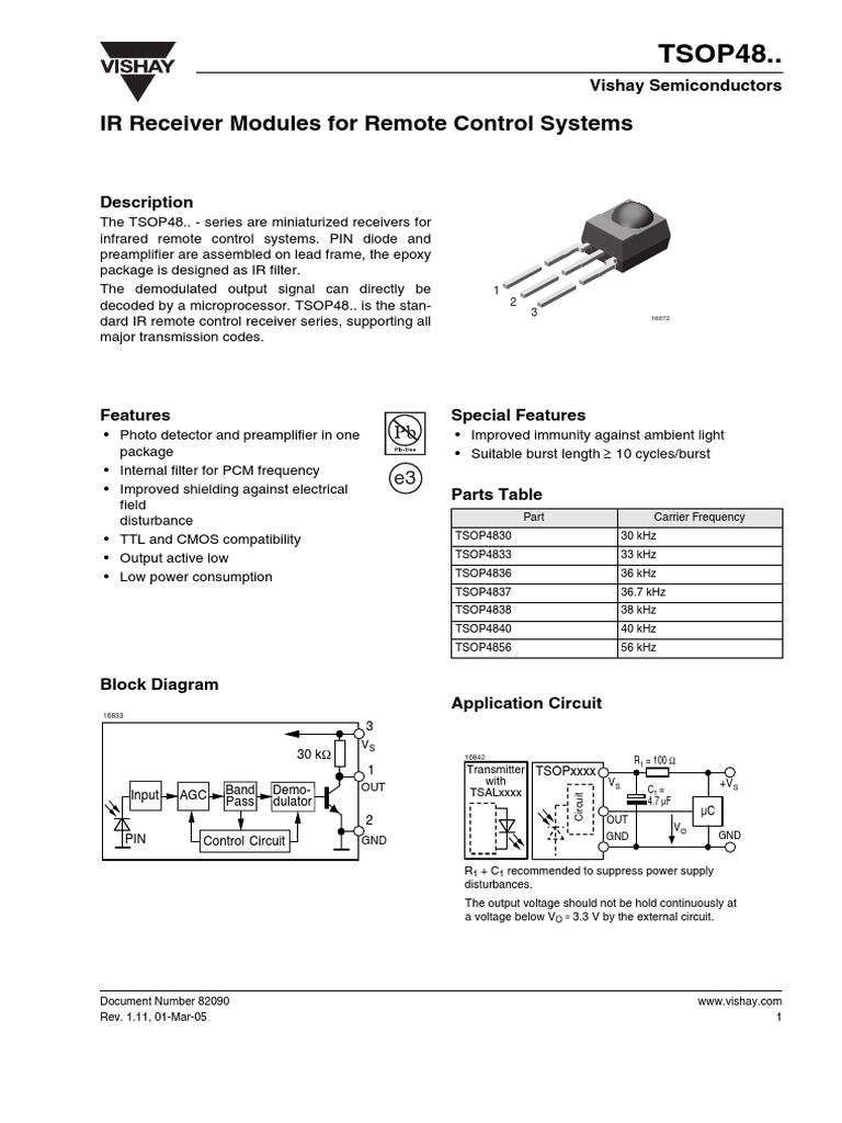 TSOP48..: IR Receiver Modules For Remote Control Systems | PDF ...