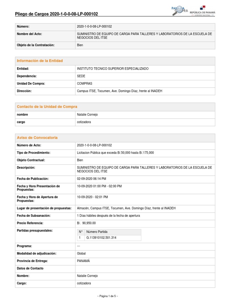 Pliego de Cargos 2020-1-0-0-08-LP-000102 PDF | PDF | Máquina elevadora | Información del gobierno