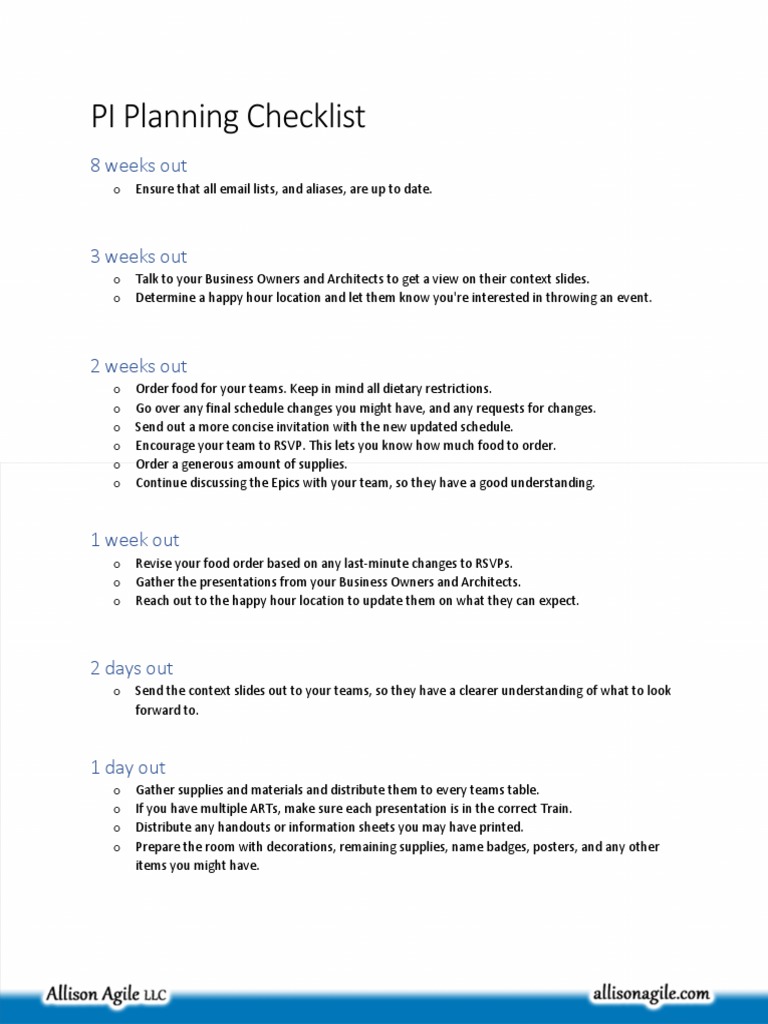 PI Planning Checklist: 8 Weeks Out | PDF