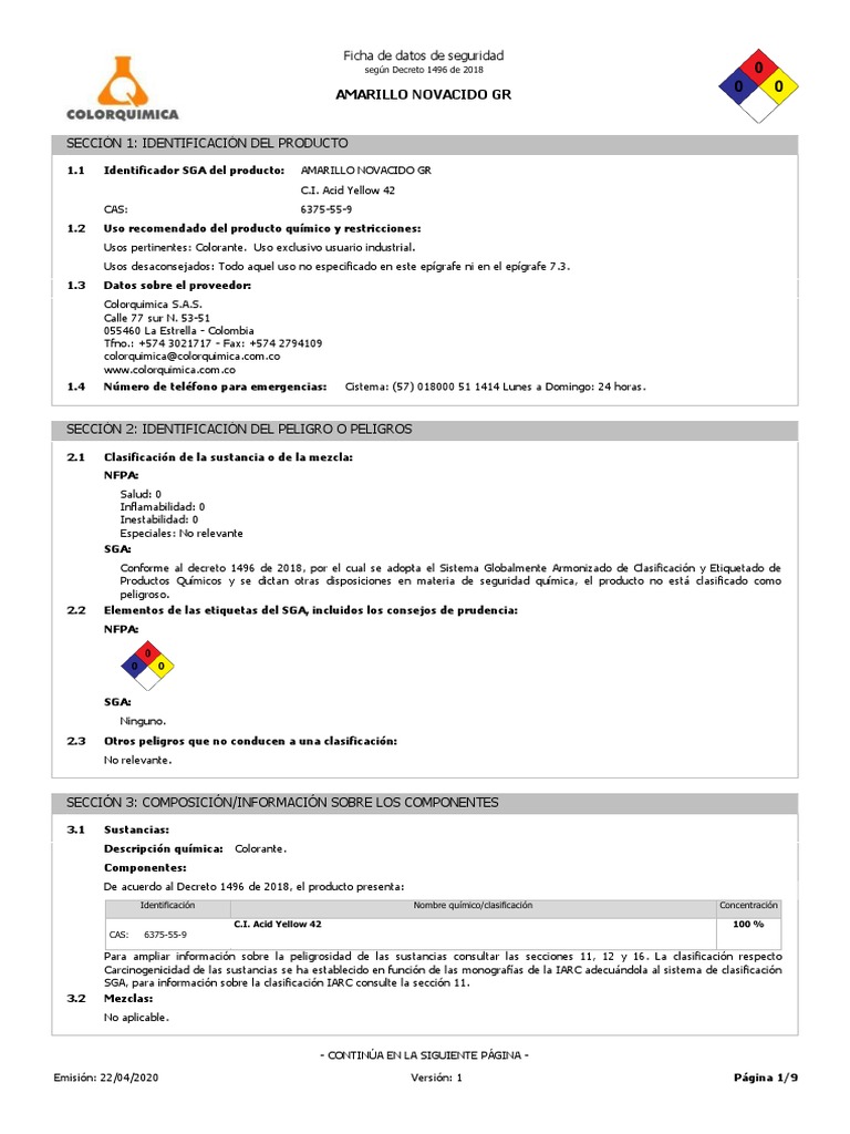 Ficha de Datos de Seguridad de Materiales de AMARILLO NOVACIDO GR | PDF | Toxicidad | Residuos