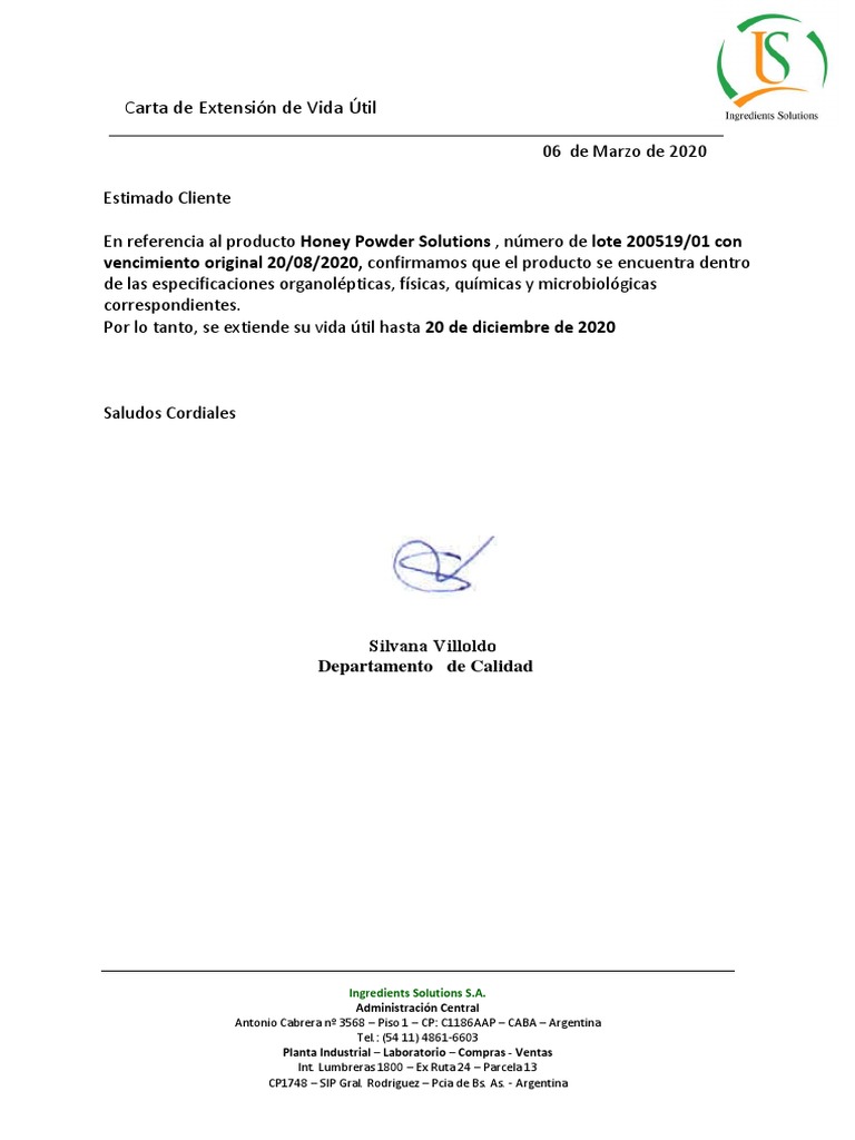 CARTA DE EXTENSION DE VIDA UTIL - Honey Powder Solutions PDF | PDF