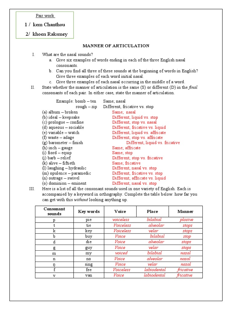 Practice Manner of Articulation | PDF | Human Voice | Phonetics