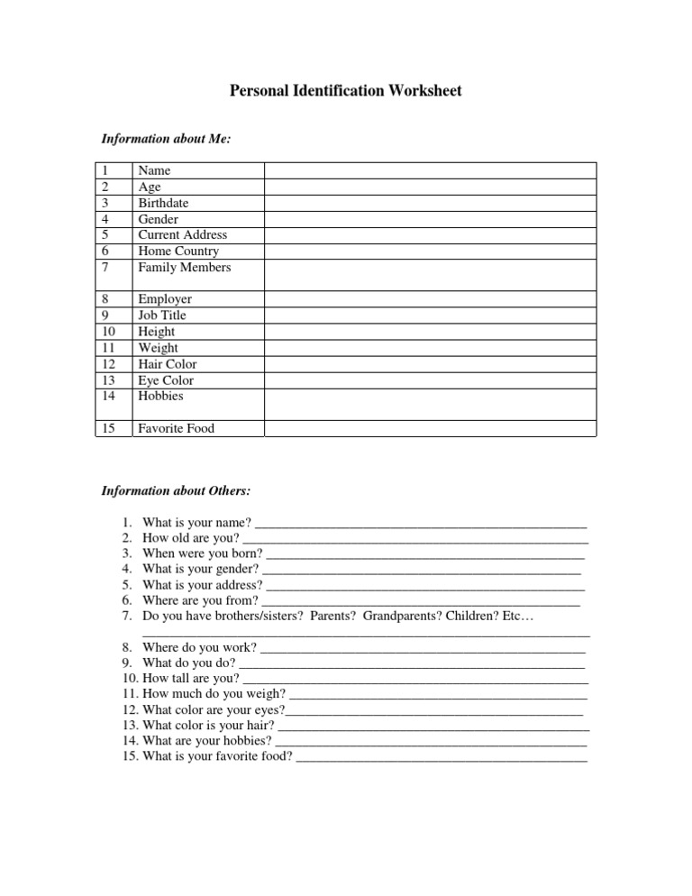Personal Identification Worksheet: Information About Me | PDF