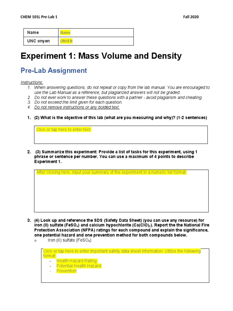Experiment 1: Mass Volume and Density: Pre-Lab Assignment | PDF | Significant Figures | Density