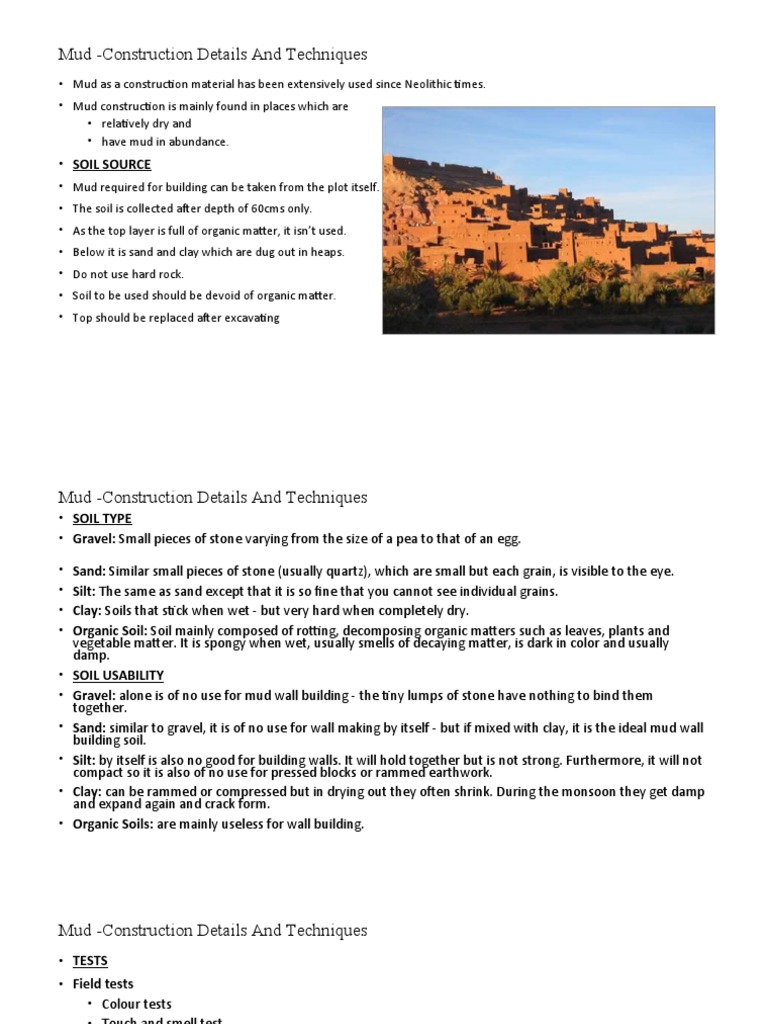 Mud Construction Techniques Overview | PDF | Mud | Soil