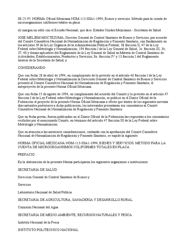 Norma Mexicana NOM-113-SSA1-1994, e Coli Recuento en Placa | PDF ...