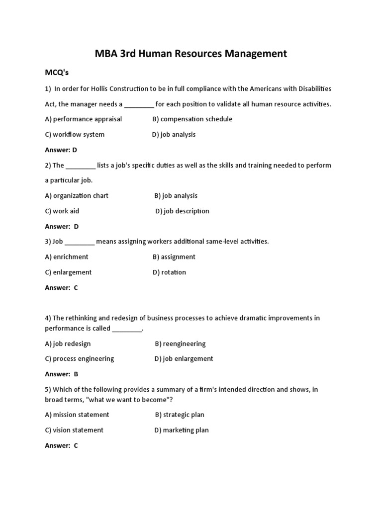 MBA HRM Question Paper MCQs & Topics | PDF | Validity (Statistics ...