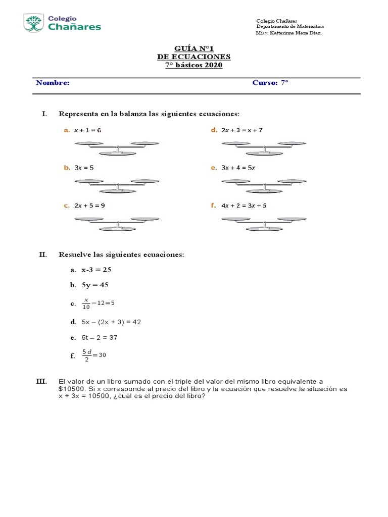 Guía De Ecuaciones 7° Básico 2020 Pdf 1019