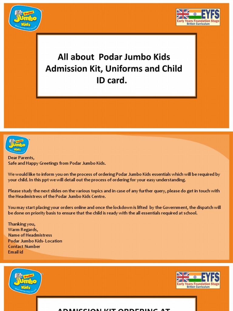 Order Admission Kit, Uniforms and ID Cards for Podar Jumbo Kids | PDF ...