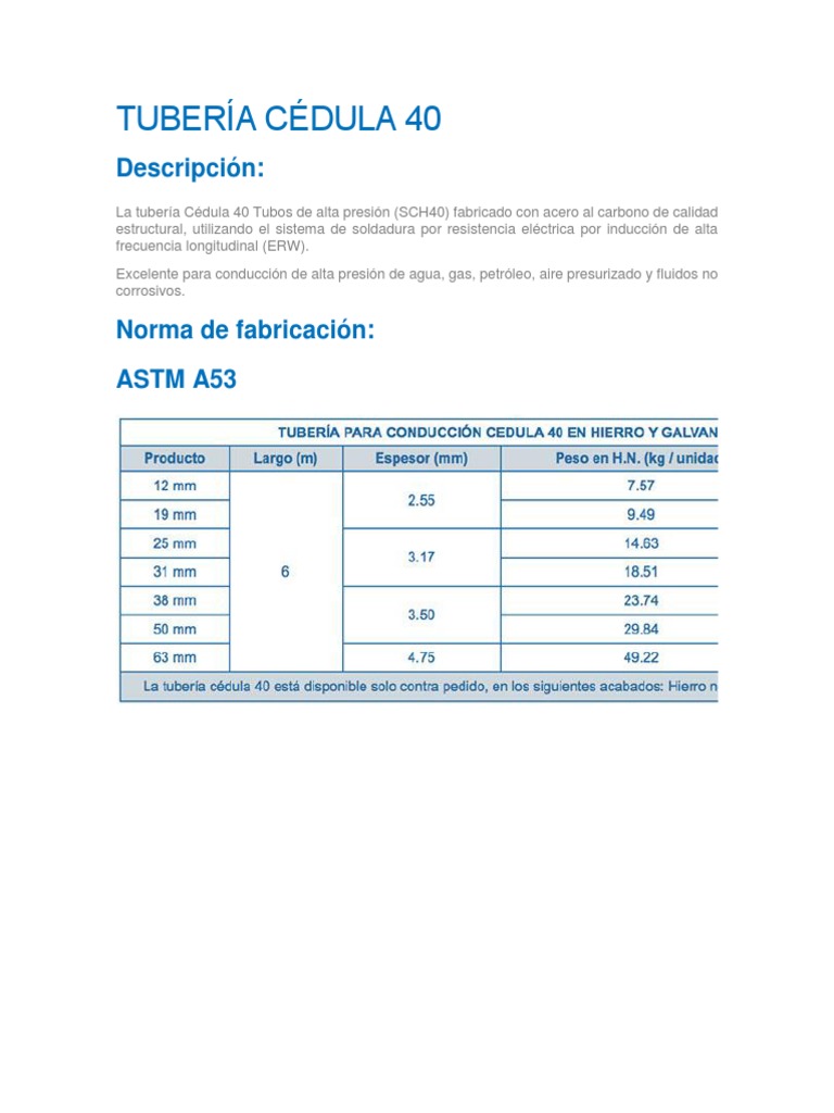 Tubería Cédula 40: Especificaciones y Usos | PDF