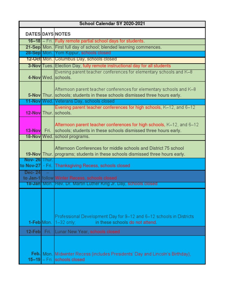 Nyc Doe Calendar Sy 2020 2021 Web Ver | PDF | Holidays | Behavior ...