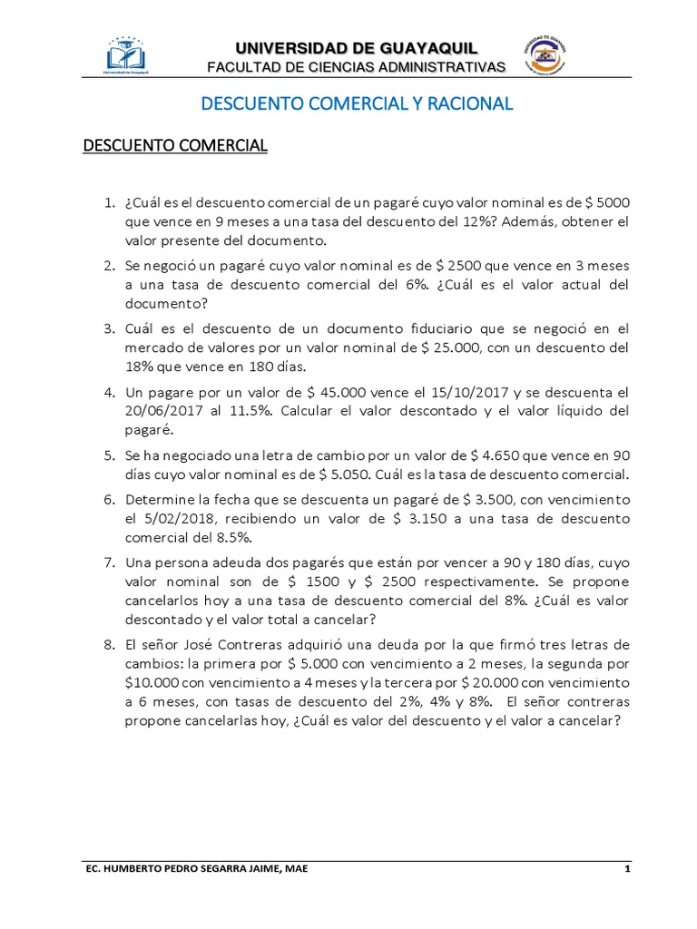 Ejercicios Descuento Comercial y Racional para Resolver en Casa Ok ...