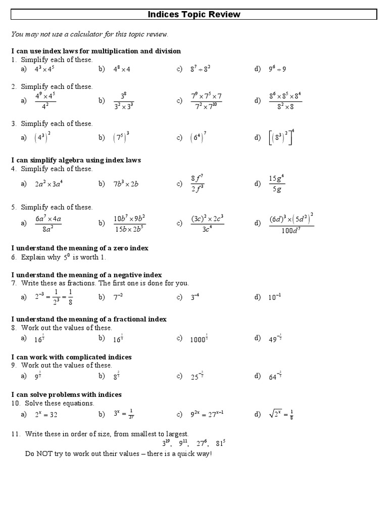 Indices Topic Review | PDF | Mathematical Objects | Teaching Mathematics