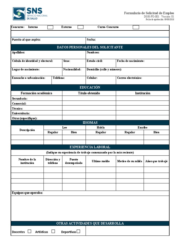 Formulario de Solicitud de Empleo SNS | PDF | Business | Science