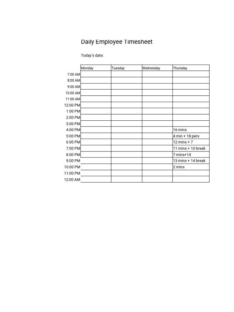 Daily Employee Timesheet: Today's Date | PDF