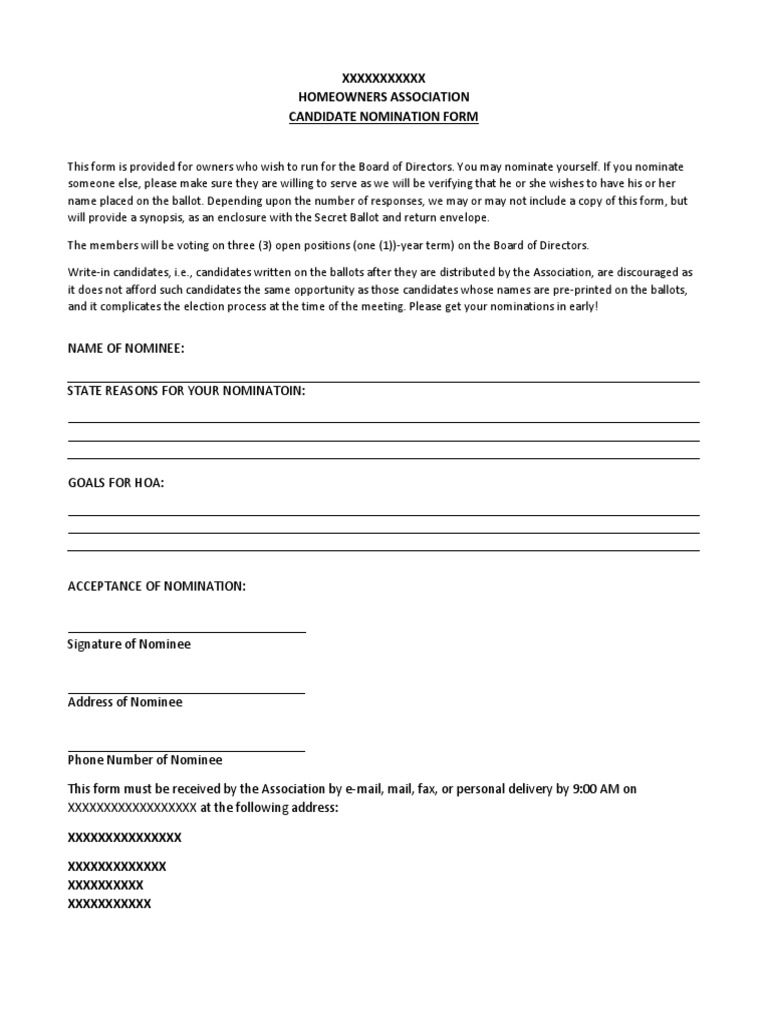 XXXXXXXXXXX Homeowners Association Candidate Nomination Form | PDF
