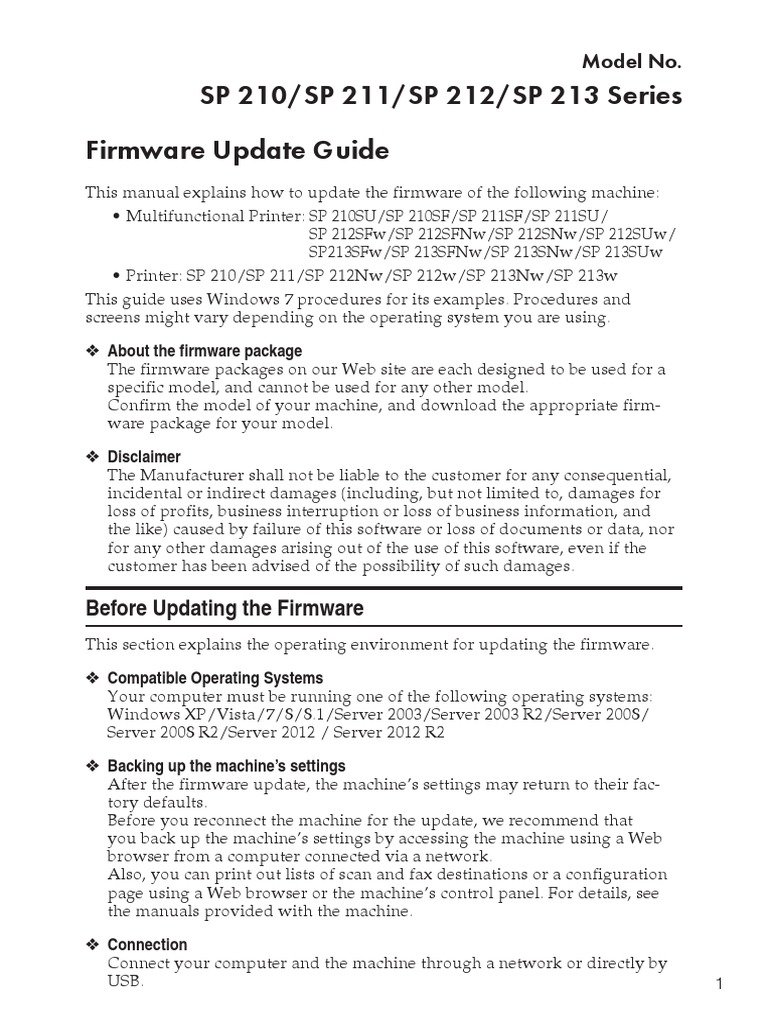 SP 210/SP 211/SP 212/SP 213 Series Firmware Update Guide: Before Updating The Firmware | PDF ...
