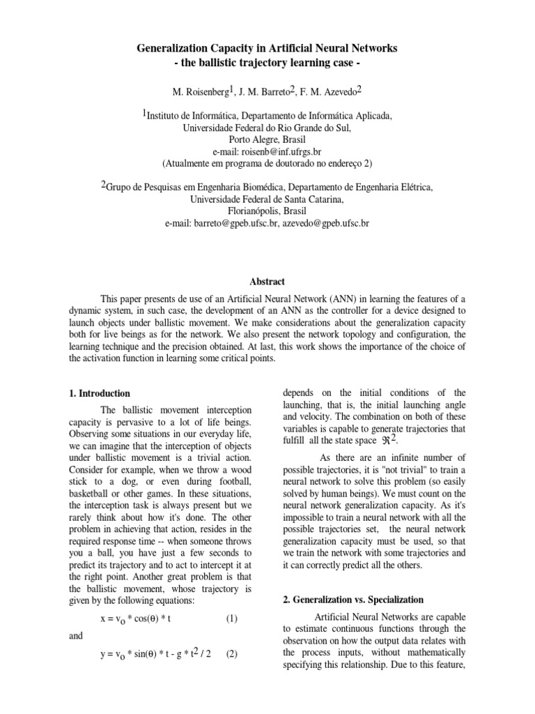 Generalization Capacity in Artificial Neural Networks - The Ballistic Trajectory Learning Case ...