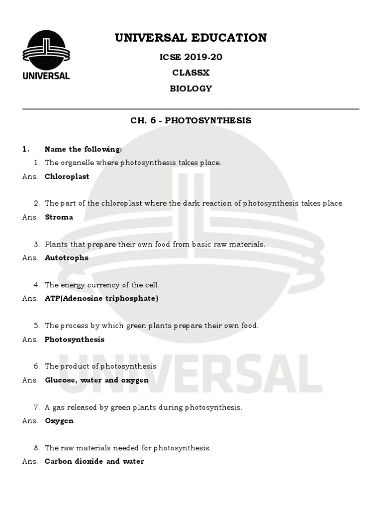 Class 10 ICSE Photosynthesis Notes | PDF | Photosynthesis | Chloroplast
