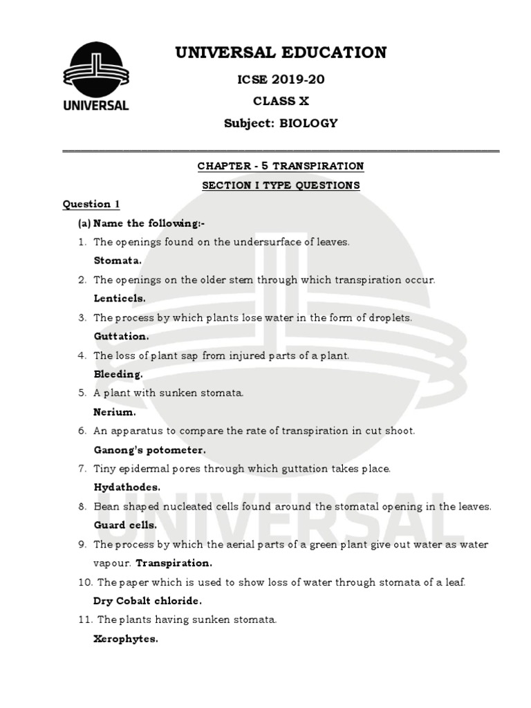 Transpiration Biology Class X - ICSE (2019-20) | PDF | Stoma | Leaf