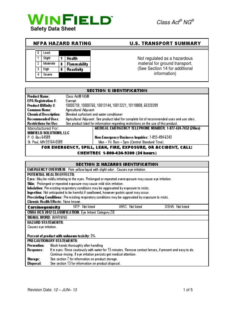 Safety Data Sheet: Nfpa Hazard Rating U.S. Transport Summary | PDF ...