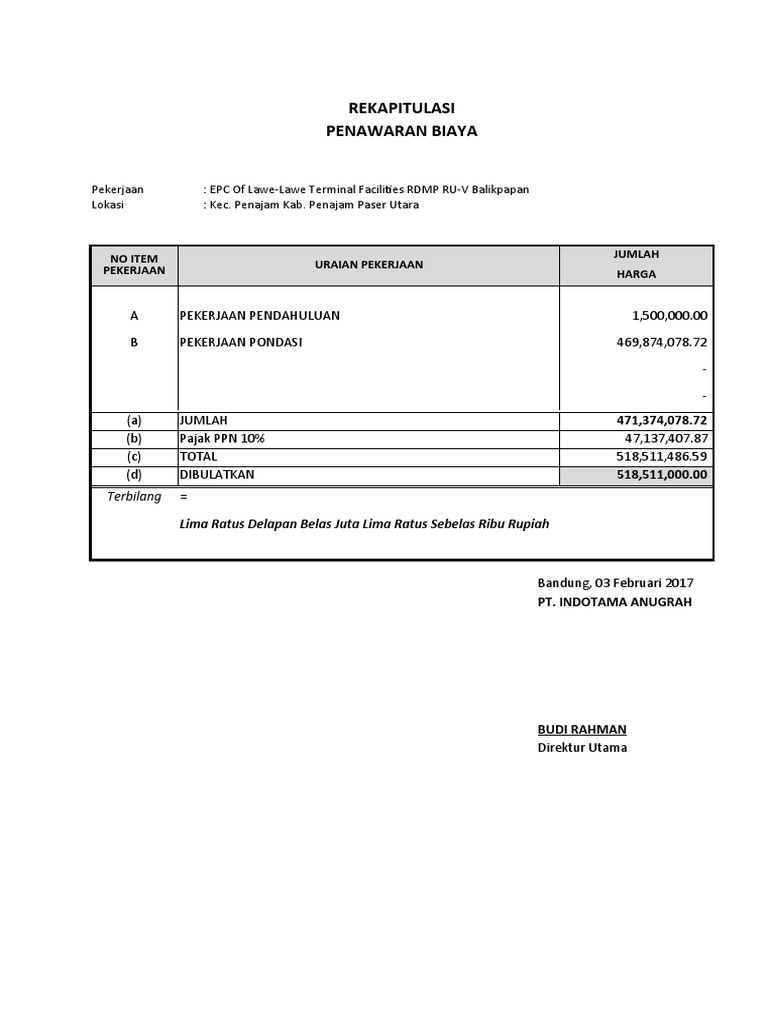 Penawaran Biaya EPC Terminal Lawe-Lawe | PDF