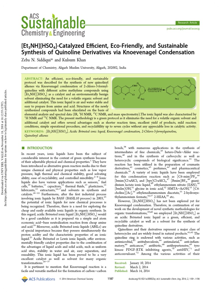(Et3NH) (HSO4) - Catalyzed Efficient, Eco-Friendly, and Sustainable ...
