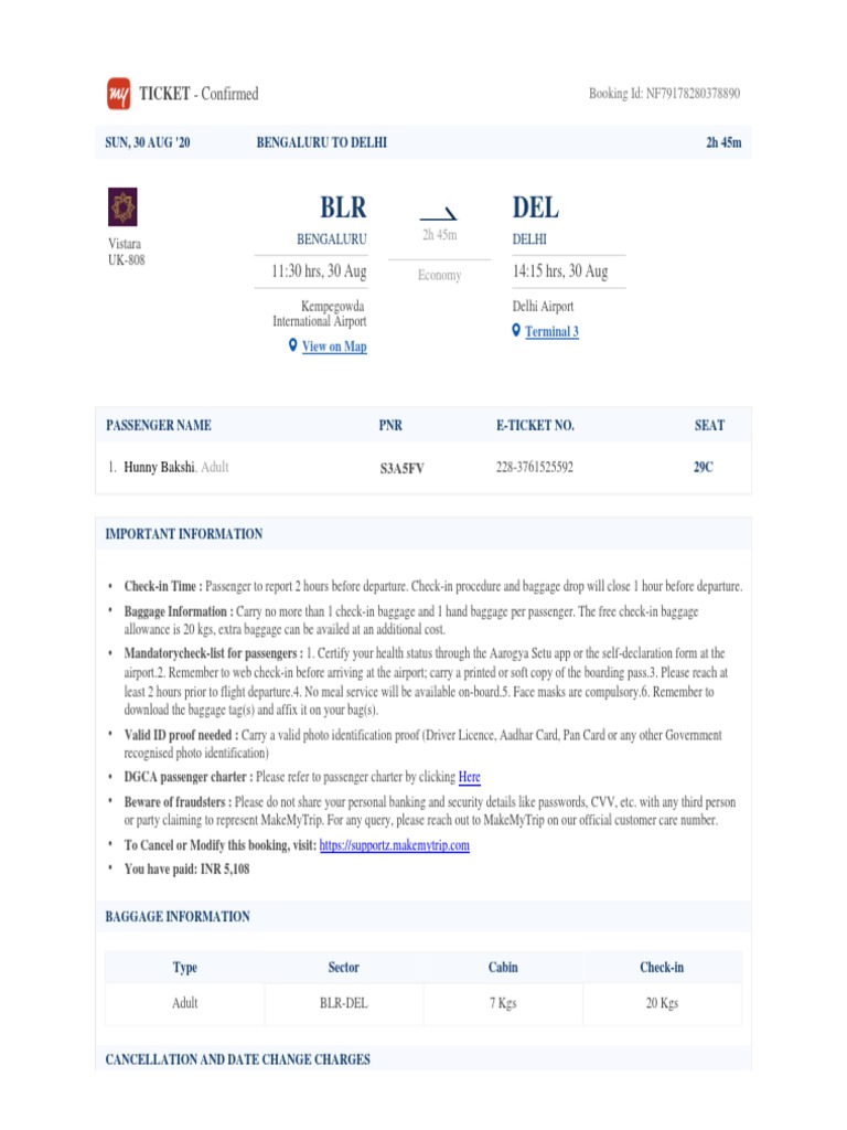 Vistara Flight Booking Confirmation: BLR to DEL | PDF | Aviation ...
