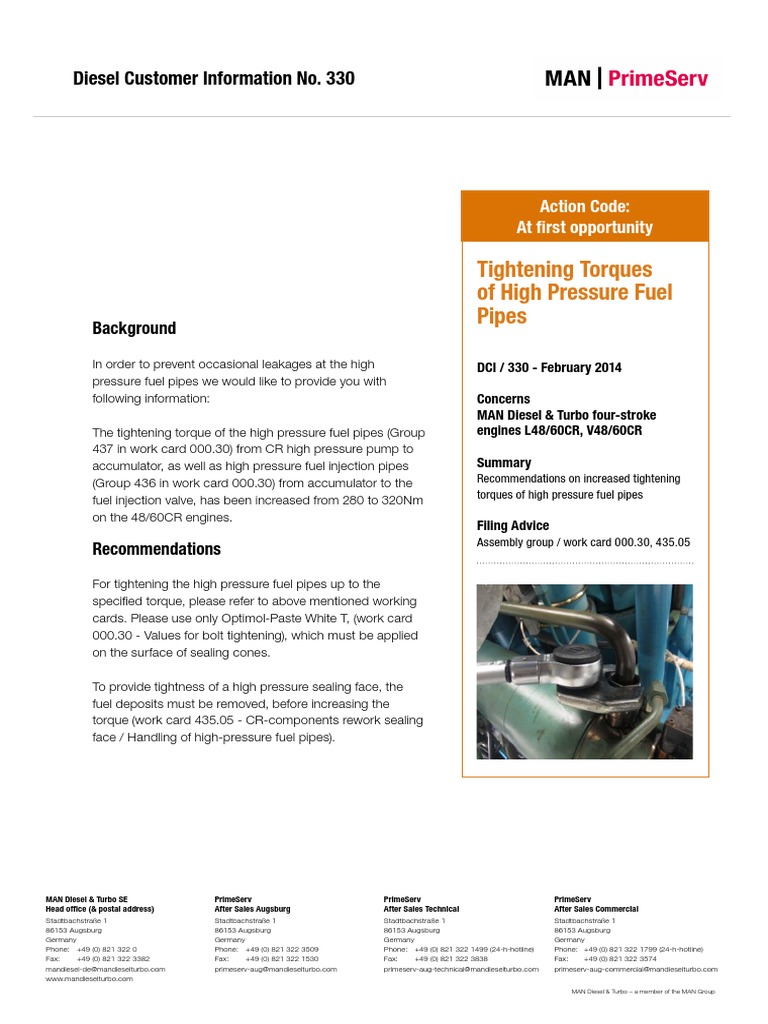 Increased Tightening Torques for High Pressure Fuel Pipes on MAN Diesel ...