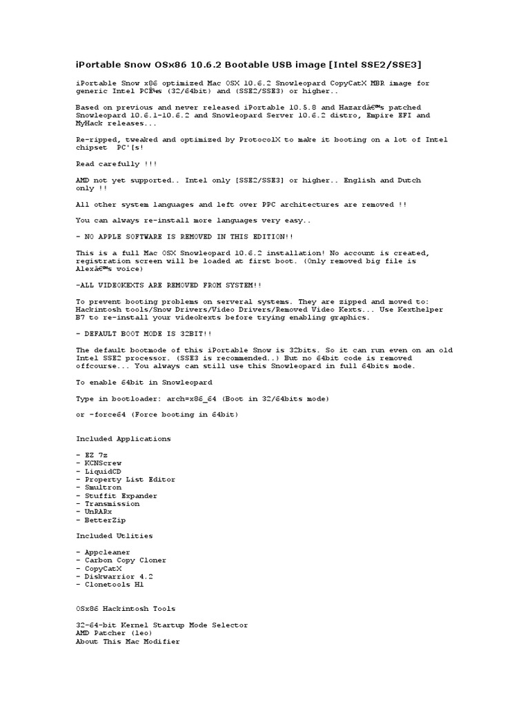 Iportable Snow OSx86 10.6.2 Bootable USB | PDF | Software Development | Computing