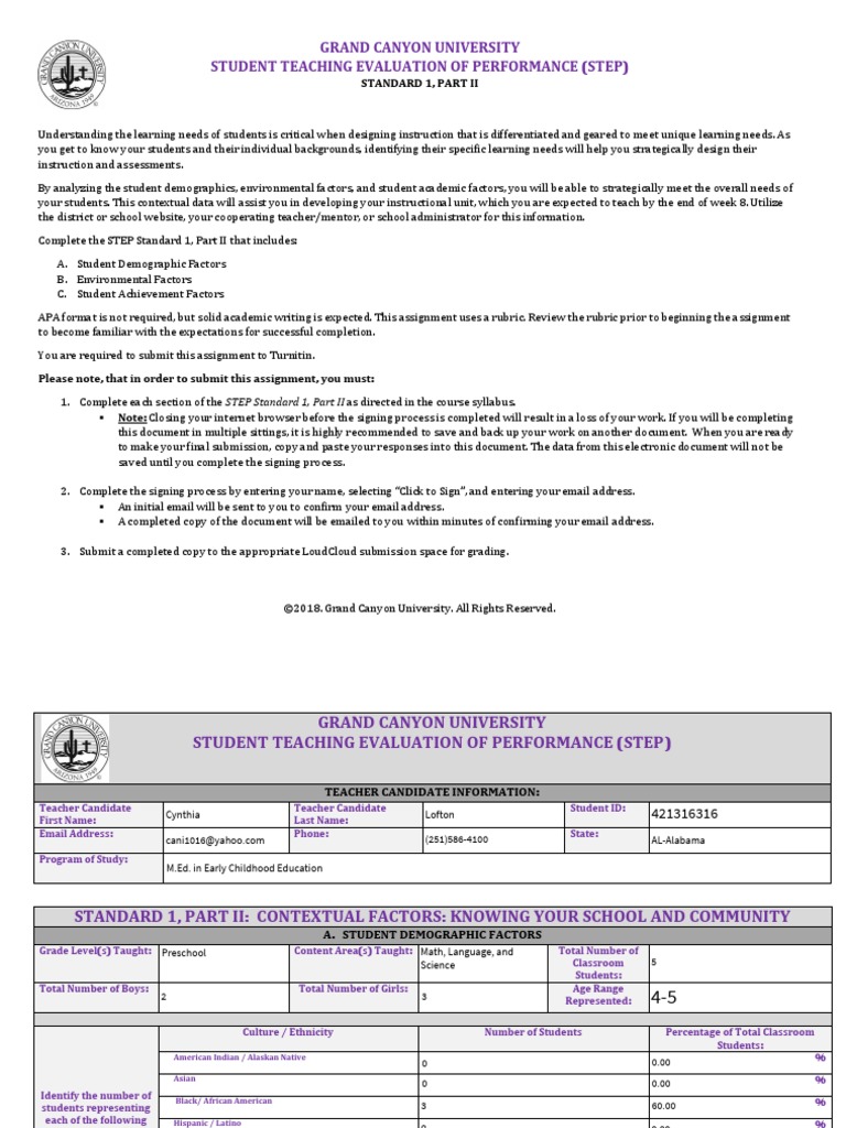 Gcu Student Teaching Evaluation of Performance Step Standard 1 Part II ...