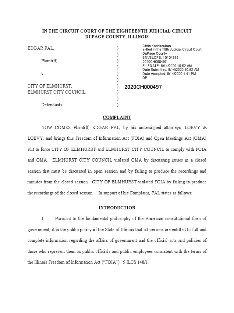 Edgar Pal Lawsuit Against City of Elmhurst | PDF | Freedom Of ...