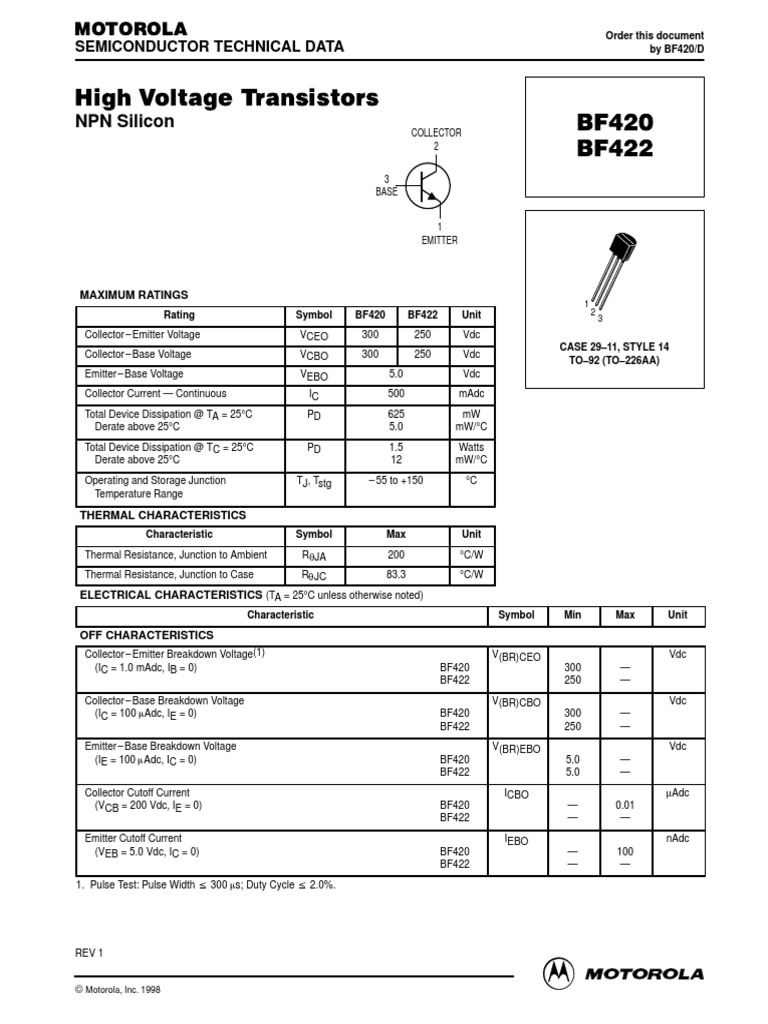 Datasheet TRANSISTOR NPN BF422 | PDF | Bipolar Junction Transistor | Transistor