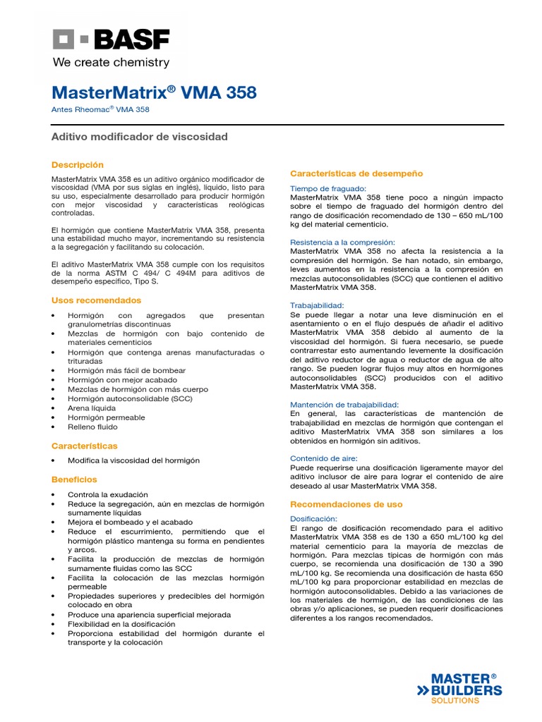 Basf Mastermatrix Vma 358 | PDF | Hormigón | Agua