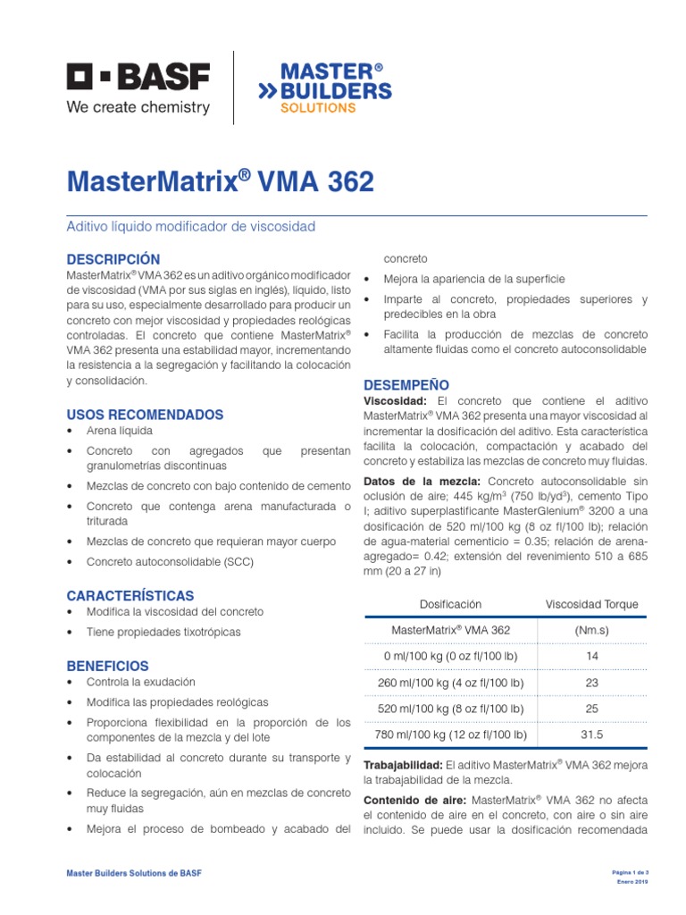 Basf Mastermatrix Vma 362 | PDF | Viscosidad | Hormigón