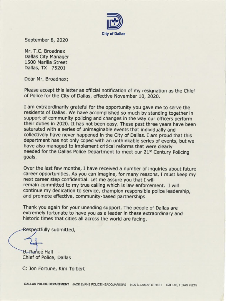 Letter of Resignation - Chief Renee Hall 09 08 20 | PDF