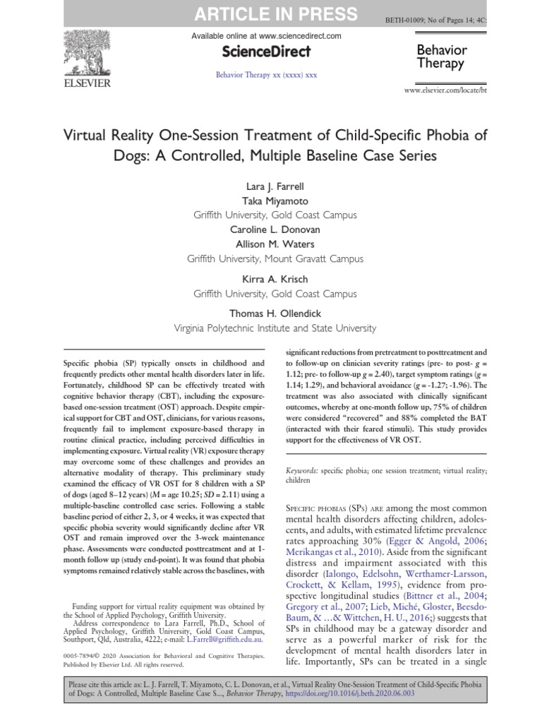 Virtual Reality One-Session Treatment of Child-Specific Phobia of Dogs ...