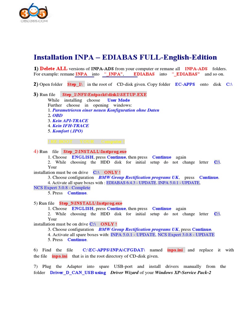 Installation INPA - EDIABAS FULL-English-Edition: Delete ALL | PDF ...