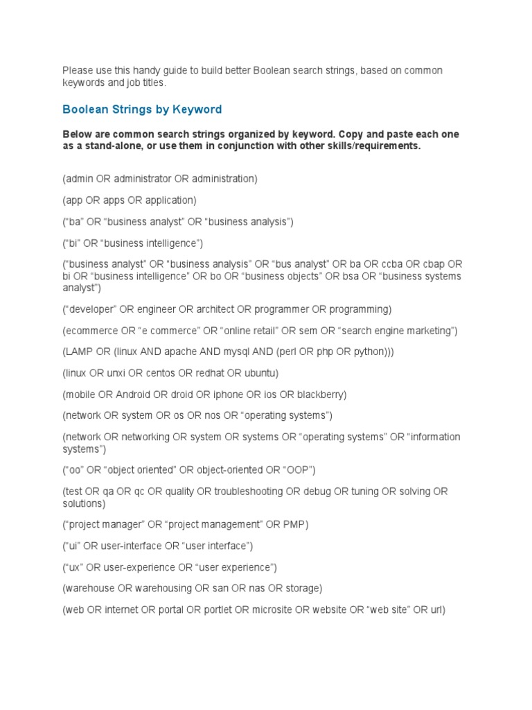 Proper Boolean Strings by Keywords & Job Title | PDF | World Wide Web ...