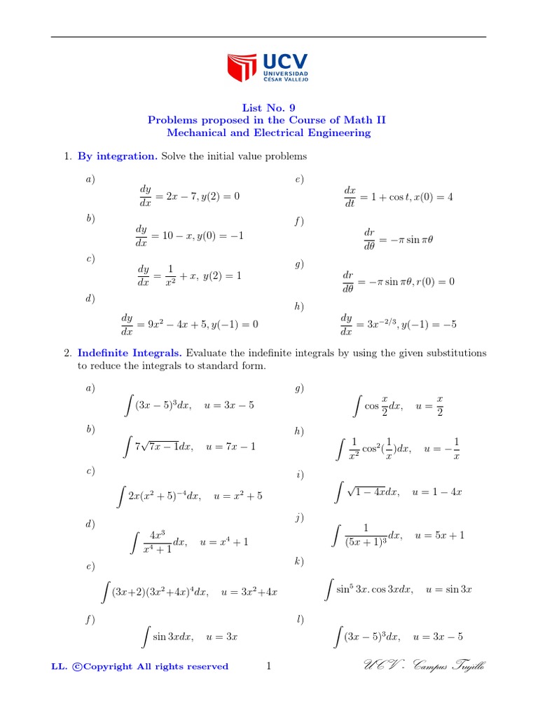 List No. 9 Problems Proposed in The Course of Math II Mechanical and ...