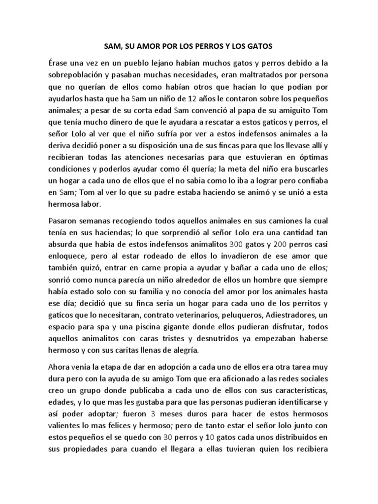 Cuento Sam y El Amor Por Los Animales | PDF | Perros | Gatos