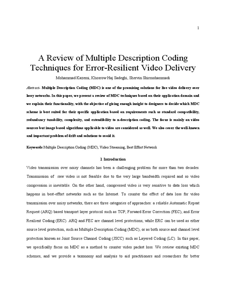A Review of Multiple Description Coding Techniques For Error-Resilient Video Delivery | PDF ...