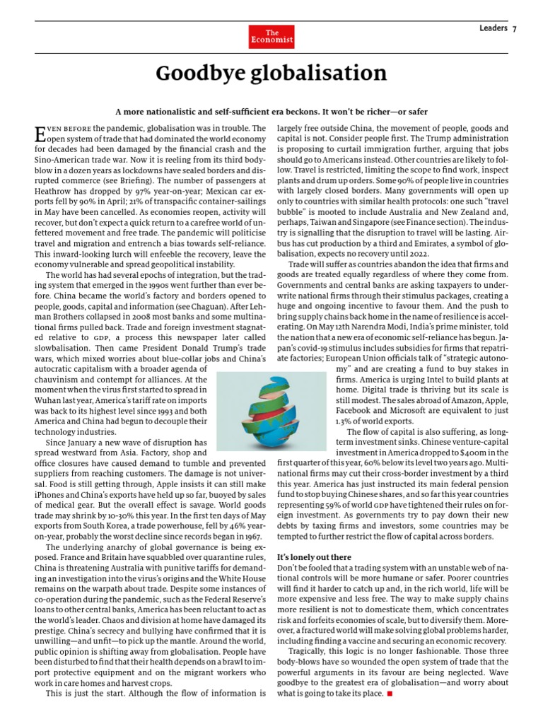 TH Economist, Goodbye - Globalisation | PDF | China | World Politics