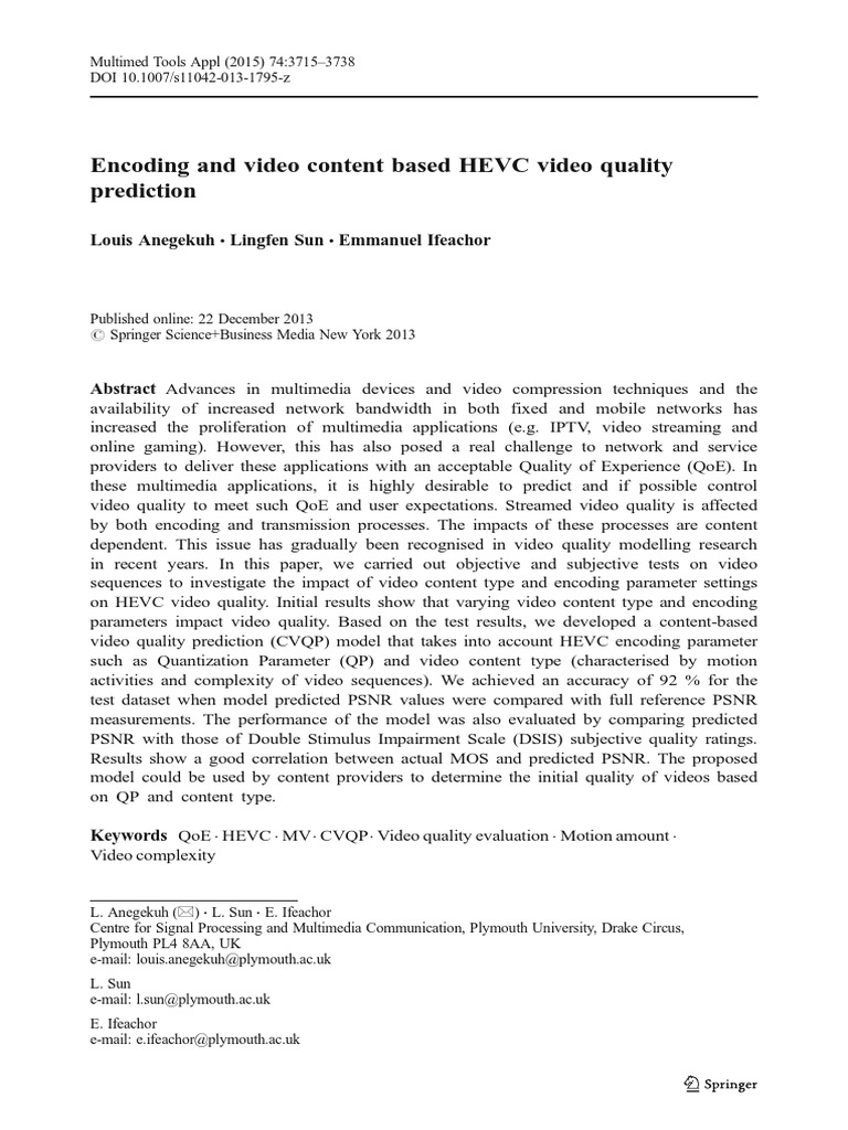 Encoding and Video Content Based HEVC Video Quality Prediction | PDF ...