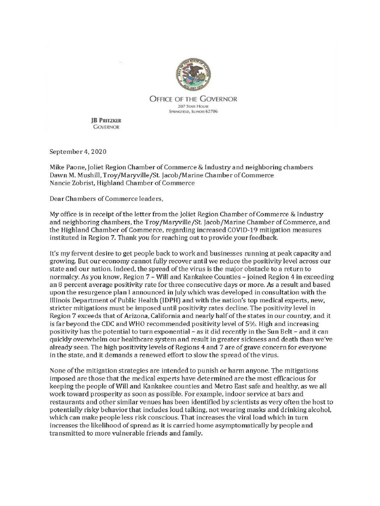 Governor J.B. Pritzker's letter to chambers of commerce