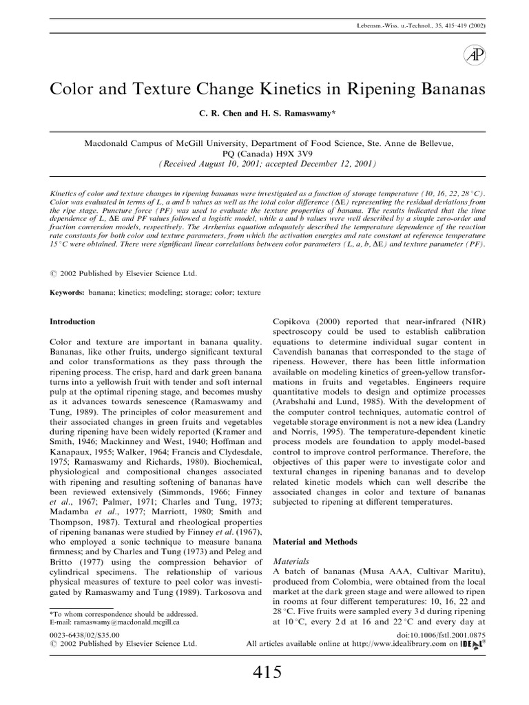 2002 - Color and Texture Change Kinetics in Ripening Bananas PDF | PDF ...