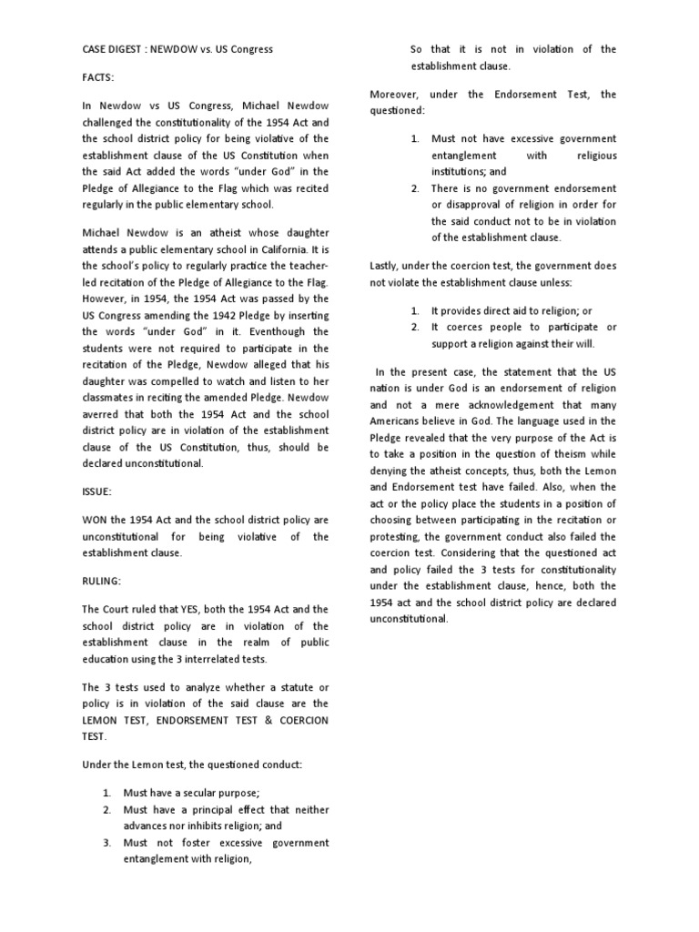 Case Digest of Newdow Case | PDF | Establishment Clause | Pledge Of ...