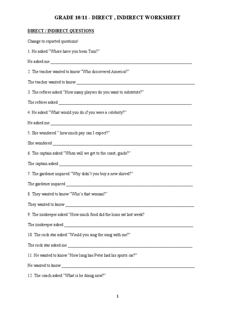 Grade 10,11 Direct Indirect Workshet | PDF