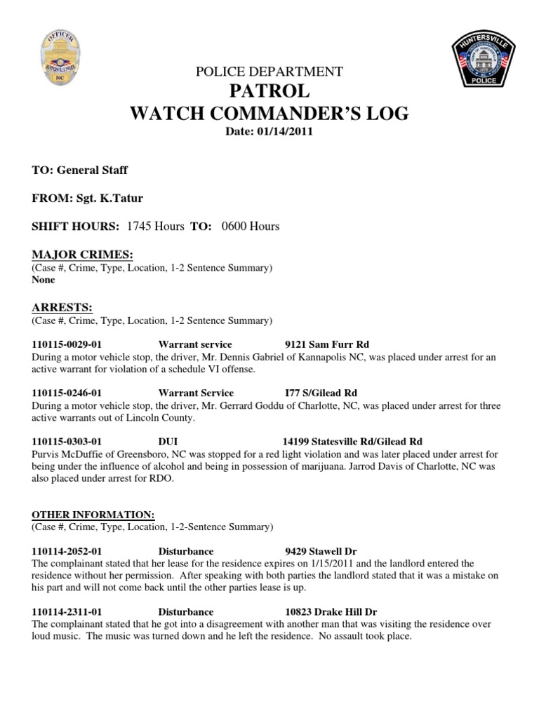 Patrol Watch Commander’s Log: 01/14/2011 | PDF
