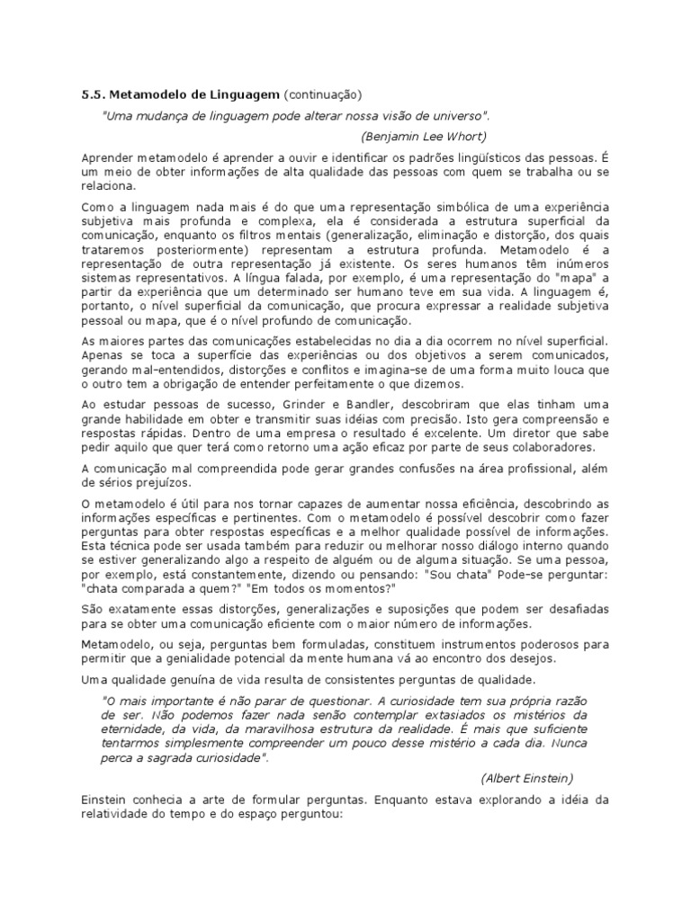 PNL - Metamodelo e Metaprogramas | PDF | Tempo | Comunicação